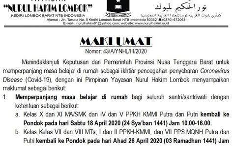 Pondok Pesantren Nurul Hakim Perpanjang Masa Belajar Di Rumah Ponpes