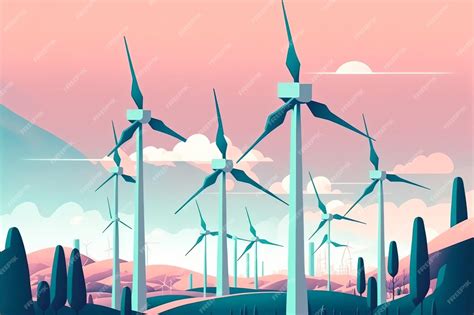 풍력 발전소 풍력 터빈 녹색 에너지 산업 개념 플랫 스타일 풍력 발전소 배경 재생 가능 에너지 설계 Ai 생성 프리미엄 사진