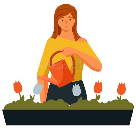 Beautiful Young Woman Watering Houseplants Caring For Indoor Flowers