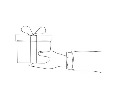 선물 상자를 들고 있는 손의 연속 선 그리기 활성 스트로크 휴일 생일 및 추수 감사절 개념이 있는 리본 간단한 라인 아트가 있는
