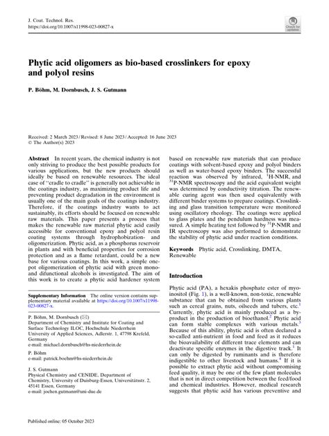 Pdf Phytic Acid Oligomers As Bio Based Crosslinkers For Epoxy And Polyol Resins