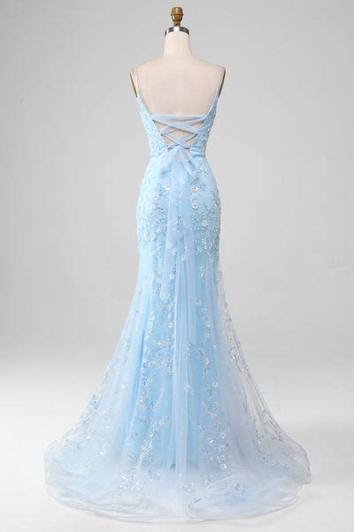Zapaka Women Sparkly Light Blue Beaded Mermaid Long Prom Dress