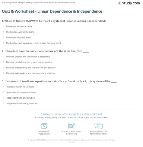 Quiz And Worksheet Linear Dependence And Independence