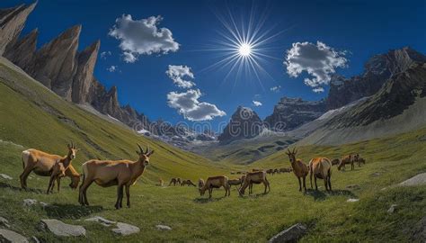 AI Generator Image Of Ibex In The Mountains Some Ibex Eating Grass Stock Illustration