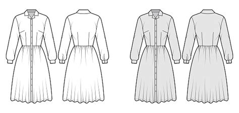 드레스 셔츠 기술 패션 일러스트 와 긴 소매 캠프 칼라 장착 된 몸 무릎 길이 풀 스커트 버튼 0명에 대한 스톡 벡터 아트 및