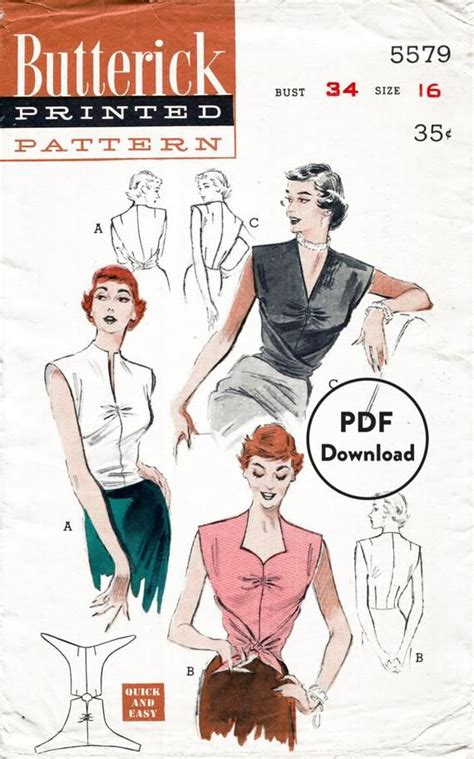 Vintage Sewing Pattern 1950s 50s Blouse Top Cinched Tie Waist Wrap Around Bust 34 B34 Instant