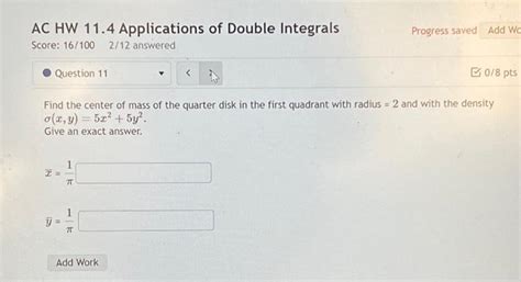 Solved AC HW Applications Of Double Integrals Progress Chegg Com