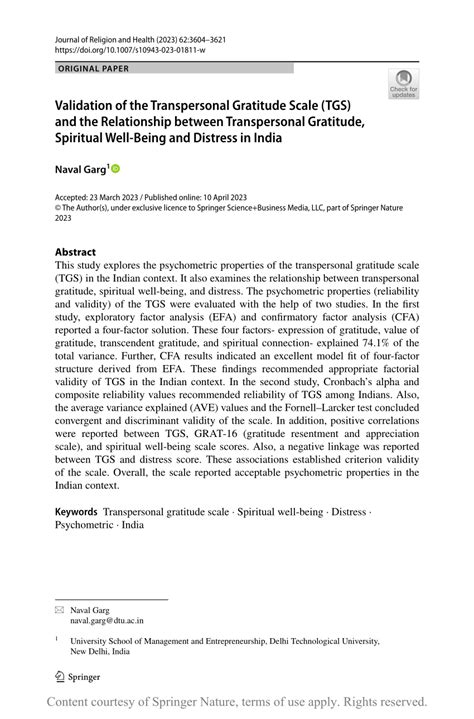 Validation Of The Transpersonal Gratitude Scale Tgs And The