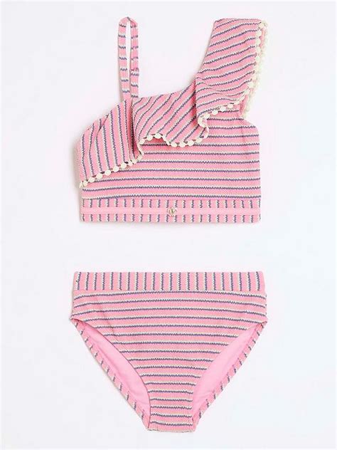 River Island Girls Striped Frill Bikini Set Pink Very