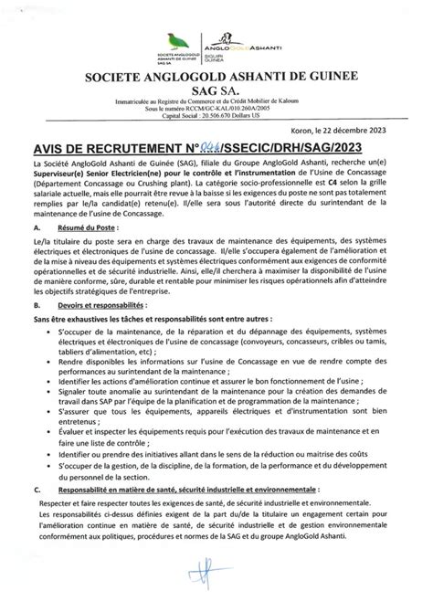 Avis de recrutement La Société Anglogold Ashanti de Guinée recrute un