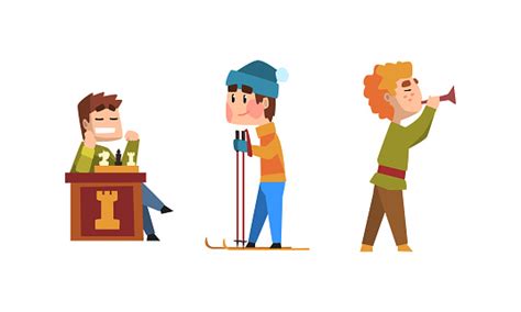 남성 창작 직업 세트 체스 플레이어 스키어 음악가 만화 스타일 벡터 일러스트 공예에 대한 스톡 벡터 아트 및 기타 이미지 공예 공예 제품 기술 Istock