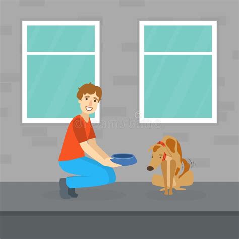 Smiling Man Feeding Homeless Dog On The Street Flat Vector Illustration