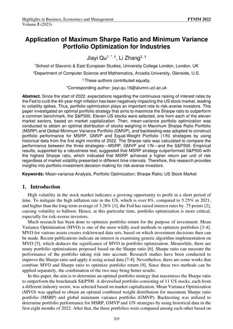 Pdf Application Of Maximum Sharpe Ratio And Minimum Variance Portfolio Optimization For Industries