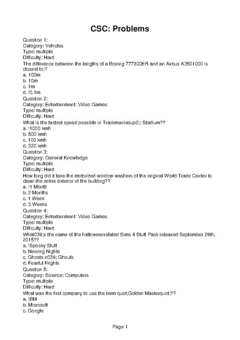 CSC112 Analysis 5 CSC Problems Question 1 Category Vehicles Type Multiple Difficulty Hard