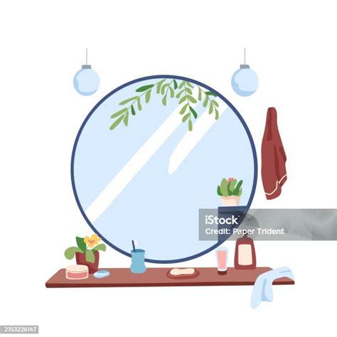 세면도구 선반이 있는 욕실 거울 매달린 수건 위생 구역에 빈 반사가 있는 원형 유리 현대적인 가정 인테리어의 욕실 가구 흰색