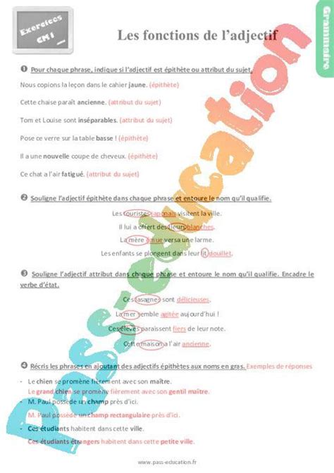 Les Fonctions De Ladjectif Pith Te Et Attribut Au Cm Exercices R Visions Pdf