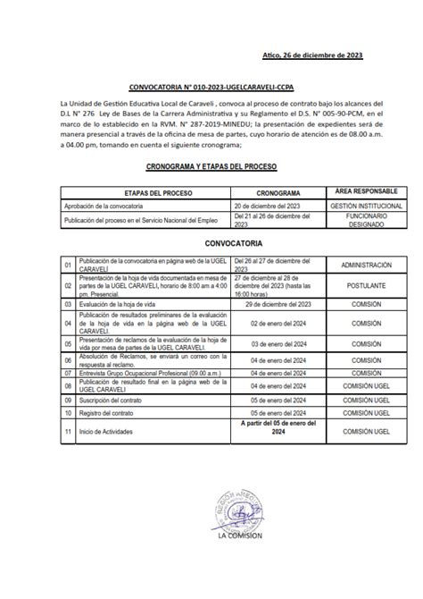 CONVOCATORIA N CRONOGRAMA Y ETAPAS DE PROCESO Ugel Caraveli