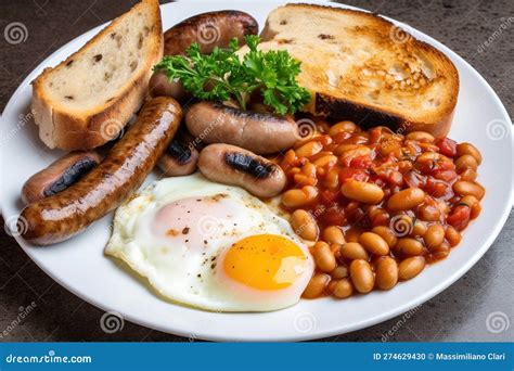 A Hearty Full English Breakfast Featuring Eggs Sausages Grilled