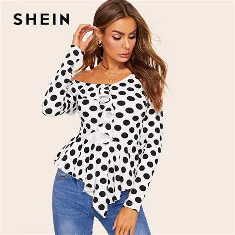 Shein Asymmetrical Neck Ruffle Trim Polka Dot Print Women Blouse Spring