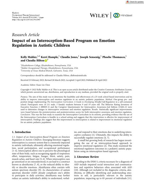 Occupational Therapy International 2022 Mahler Impact Of An Interoception Based Program On