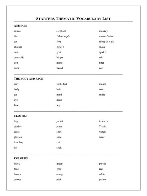 Starters Thematic Vocabulary List Pdf