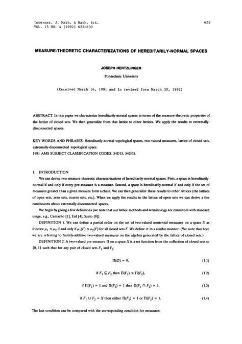 Pdf Measure Theoretic Characterizations Of Hereditarily Normal Spaces