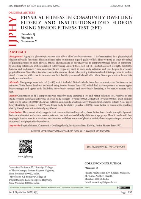 Pdf Physical Fitness In Community Dwelling Elderly And Institutionalized Elderly Using Senior