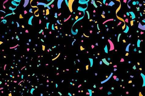 짙은 검은 색 배경에 공기에 비행 화려한 색종이와 뱀 리본 밝은 스트리머 간단한 평면 만화 현대 스타일의 틴셀 벡터 패턴 색 테이프에 대한 스톡 벡터 아트 및 기타 이미지