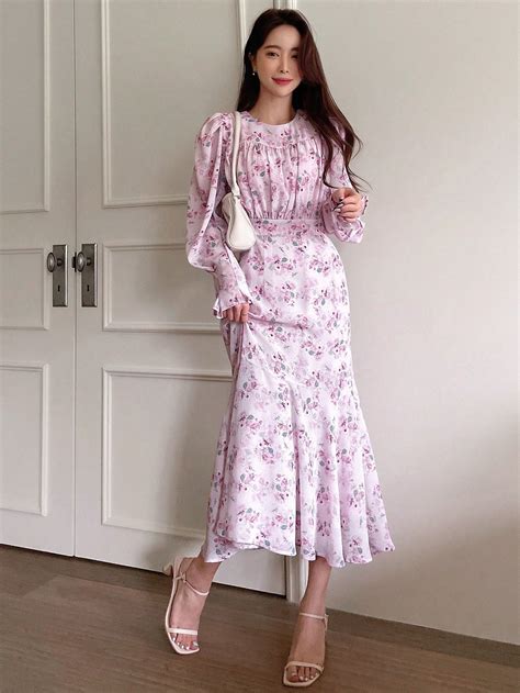 DAZY Kpop Vestido Con Estampado Floral De Manga Farol Pecho Con