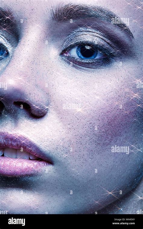 Portrait Of Beautiful Young Woman With Vogue Shining Sparkle Face