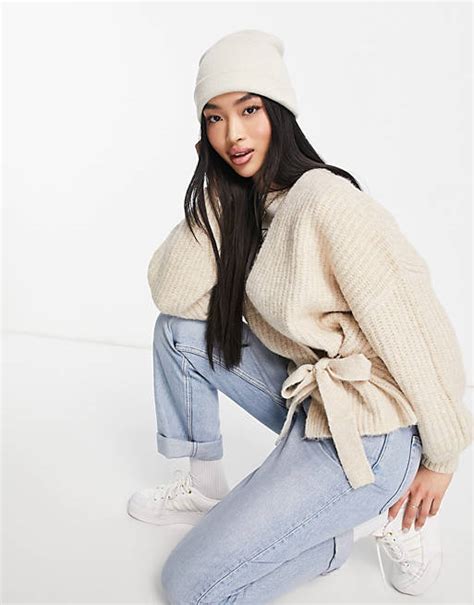 Asos Design Wrap Cardigan With Tie In Oatmeal Asos
