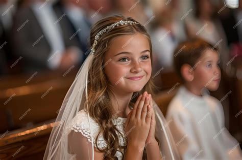 Young Girl In Wedding Dress And Veil Sitting In Church Premium Ai