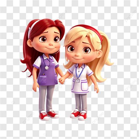 Two Cheerful Cartoon Girls Holding Hands And Smiling Brightly