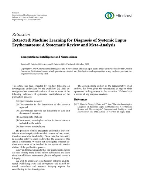 Pdf Retracted Machine Learning For Diagnosis Of Systemic Lupus Erythematosus A Systematic