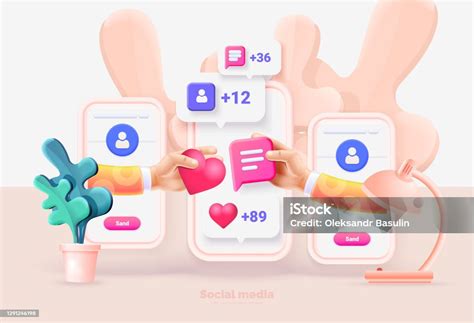 소셜 미디어 Ui가있는 스마트 폰 전화 템플릿입니다 소셜 네트워크를 통한 사람 간의 상호 작용 새로운 좋아요 댓글 팔로워와 소셜