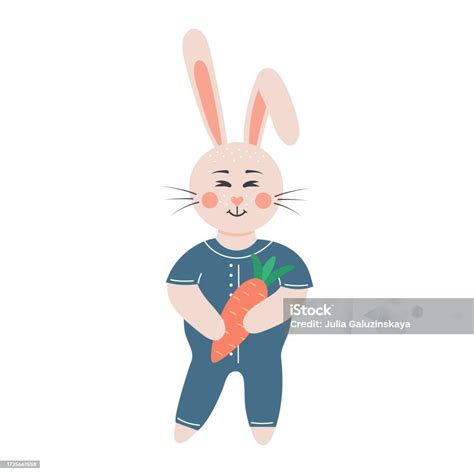 당근과 귀여운 토끼입니다 옷을 입은 부활절 토끼 소년 만화 숲 캐릭터입니다 가공의 인물에 대한 스톡 벡터 아트 및 기타 이미지