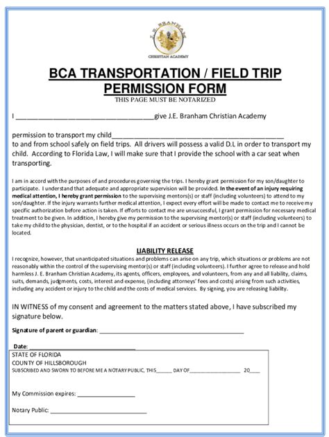 Fillable Online Bca Transportation Field Trip Permission Form Fax