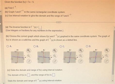solved given the function f x 7x−5 a find f−1 b graph