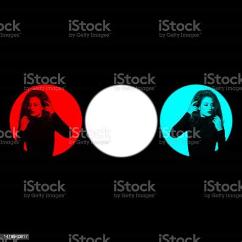 Rgb 색상 분할 효과로 검은 배경으로 조명 된 원에 서있는 아름다운 여성 분리에 대한 스톡 사진 및 기타 이미지 분리 화려함 3차원 형태 Istock