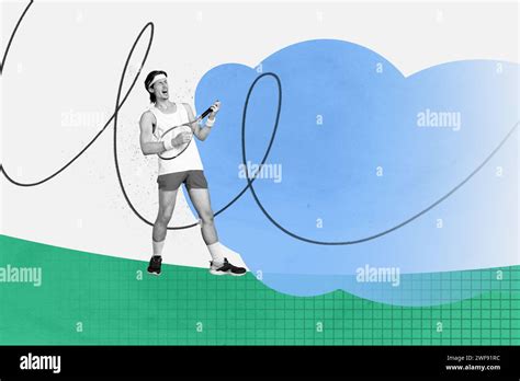 Horizontal Creative Image Collage Picture Of Funny Dreamy Guy Sportsman