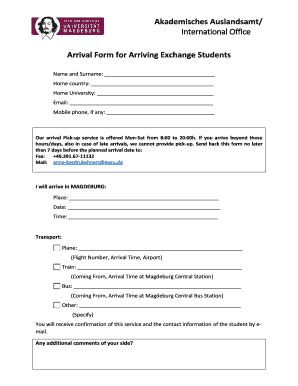 Fillable Online Uni Magdeburg International Office Arrival Form For