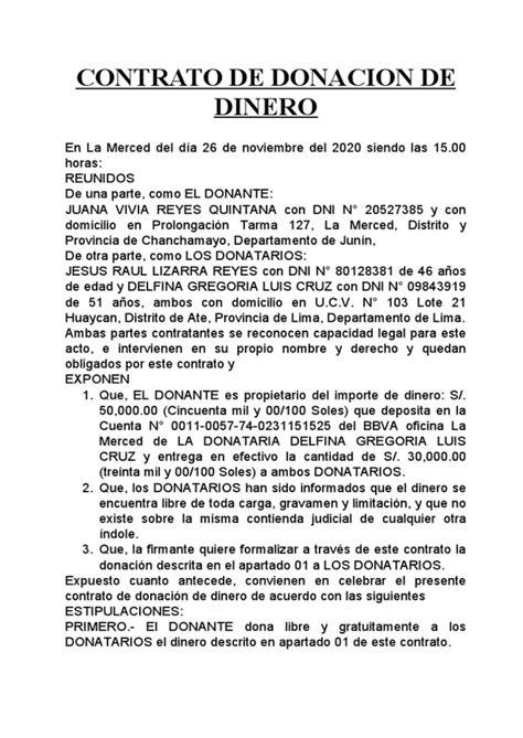 Modelo de contrato de donación de dinero entre familiares Modelos de