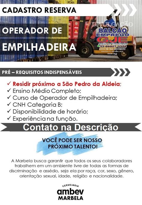 VAGA PARA OPERADOR DE EMPILHADEIRA NA AMBEV MARBELA EM SÃO PEDRO DA ALDEIA