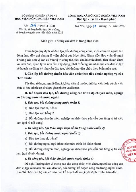 Công văn về lập kế hoạch đào tạo bồi dưỡng kế hoạch công tác của viên