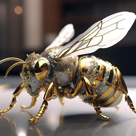 Uma Figura De Abelha De Ouro E Prata Com Asas De Ouro E Uma Cabeça De