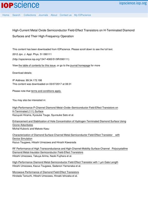 Pdf High Current Metal Oxide Semiconductor Field Effect Transistors On H Terminated Diamond