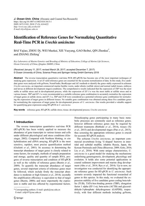 Pdf Identification Of Reference Genes For Normalizing Quantitative Real Time Pcr In Urechis