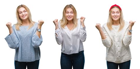 축 하 하는 흰색 절연된 Backgroud 이상 젊은 아름 다운 금발의 여 자가의 콜라주 놀라게 무기 제기와 성공을 위한 깜짝 놀라게 고 눈을 엽니다 우승자 개념입니다