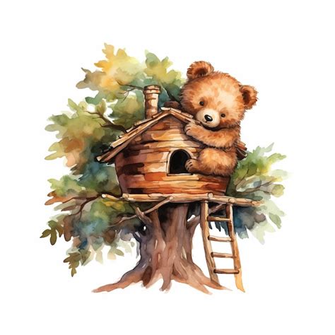 Un oso de peluche durmiendo en una casa de árbol con pintura de