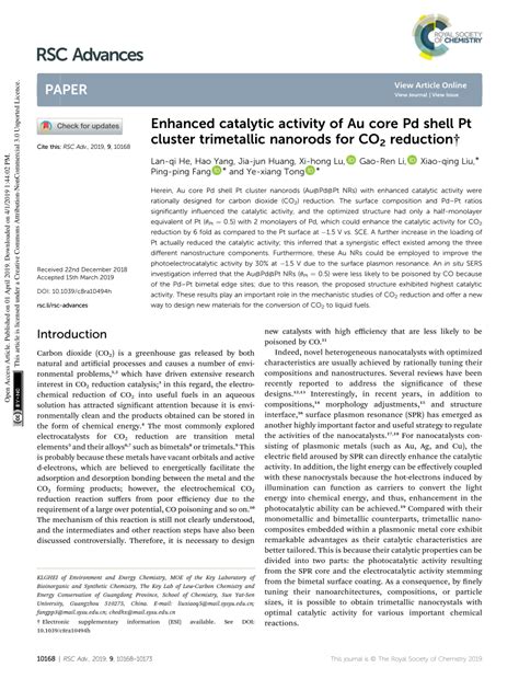 Pdf Enhanced Catalytic Activity Of Au Core Pd Shell Pt Cluster Trimetallic Nanorods For Co 2
